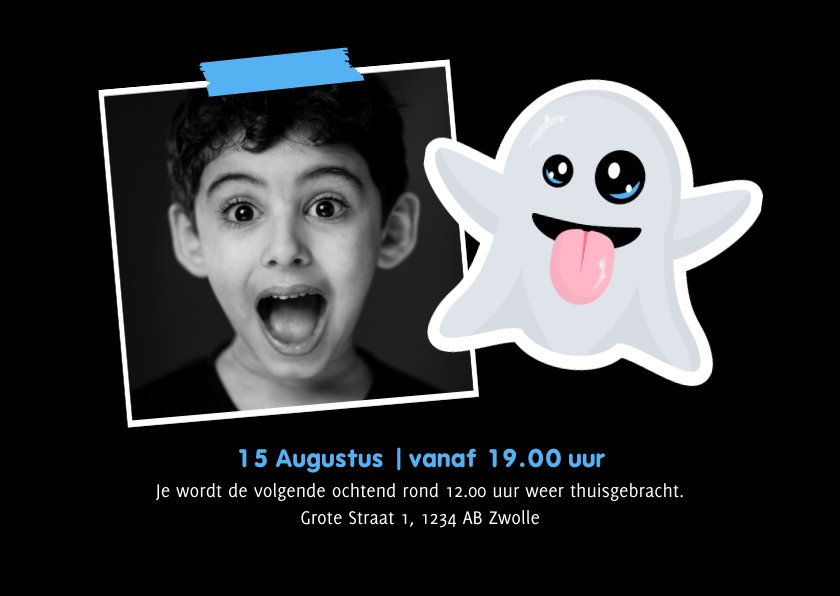 Uitnodiging slaapfeestje met emoji spookje en | Kaartje2go