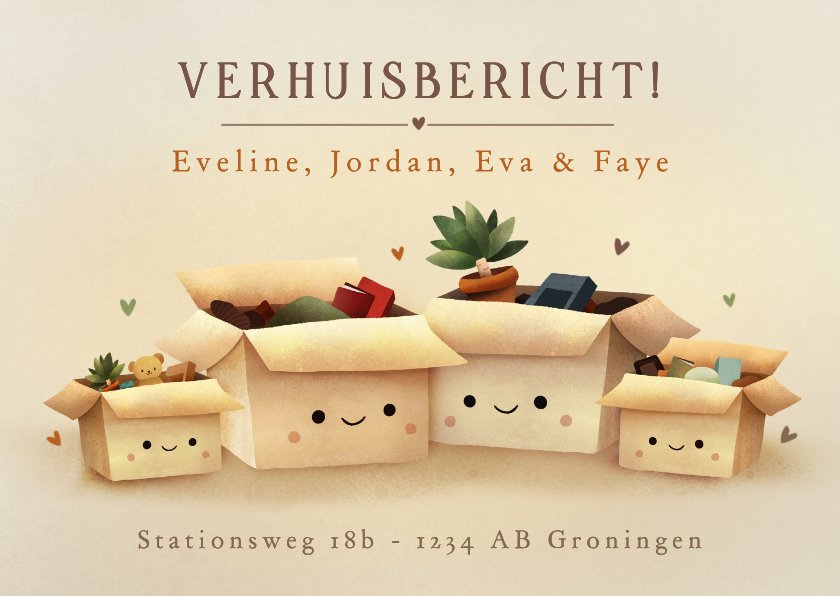 Verhuiskaart voor gezin met 4 verhuisdozen met | Kaartje2go