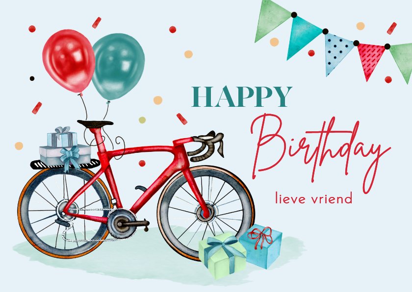 Verjaardagskaart rode fiets en ballonnen en | Kaartje2go