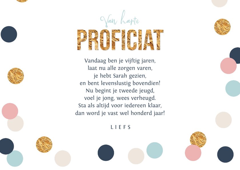 Verjaardagskaart vrouw proficiat goud confetti | Kaartje2go