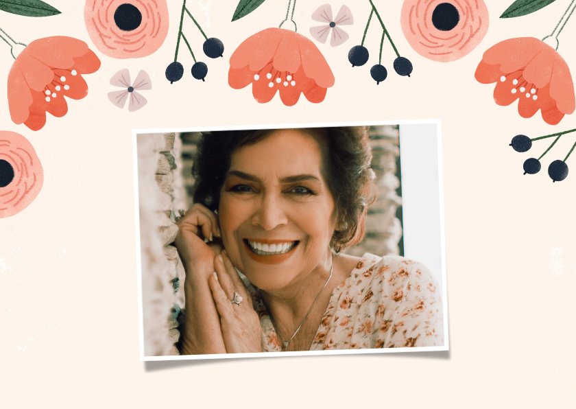 Verjaardagskaart vrouw roze bloemen kader en | Kaartje2go