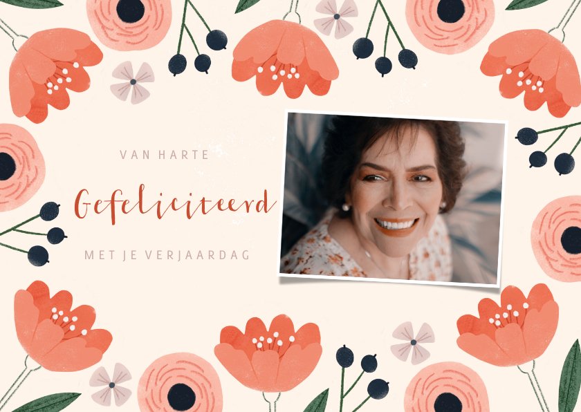 Verjaardagskaart vrouw roze bloemen kader en | Kaartje2go