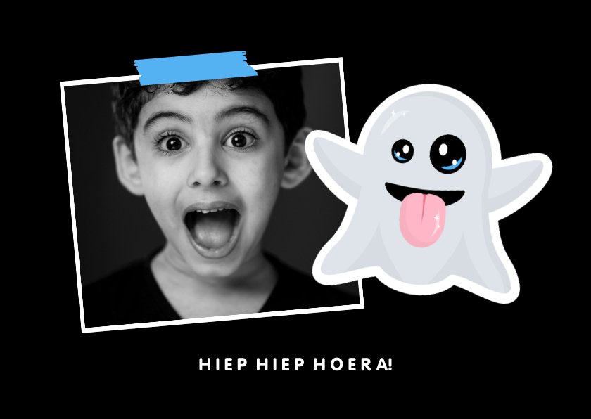 Verjaardagskaartje met emoji spookje en foto | Kaartje2go