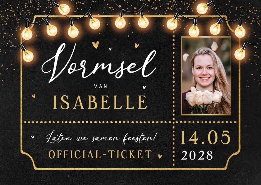 Vormsel ticket krijtbord goud lampjes hartjes | Kaartje2go