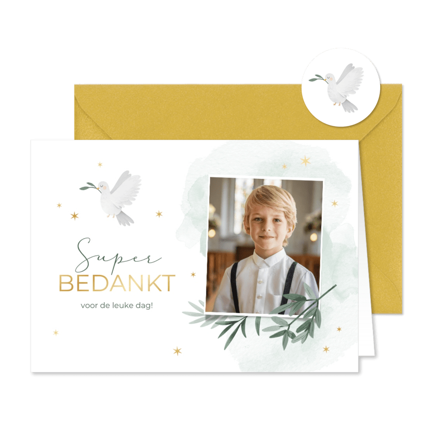 Communiekaart bedankt foto duif waterverf | Kaartje2go