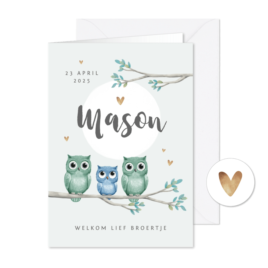 Geboortekaartje derde kindje uiltjes dieren bos | Kaartje2go