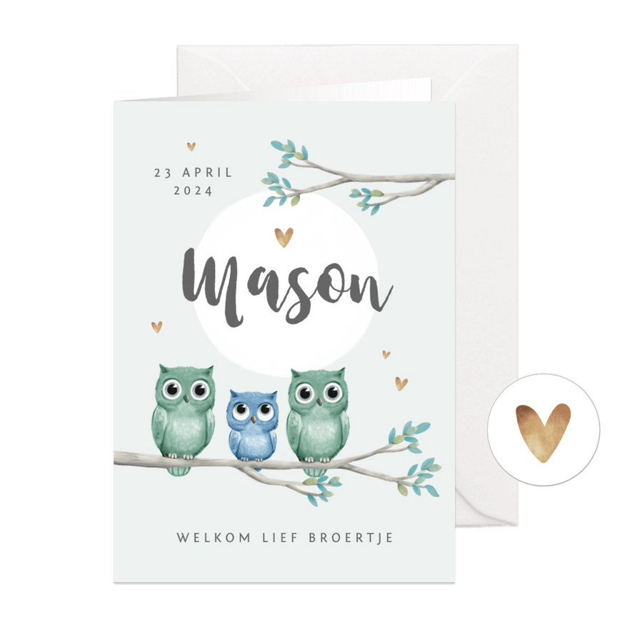 Geboortekaartje derde kindje uiltjes dieren bos | Kaartje2go