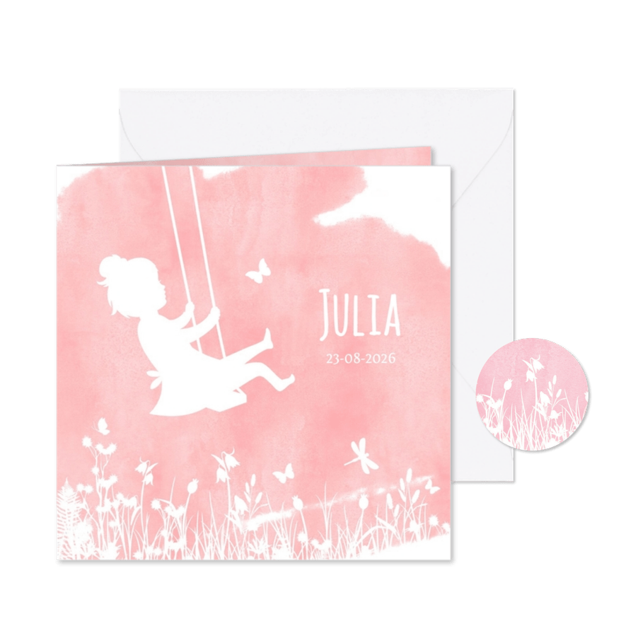 Geboortekaartjes silhouet meisje op schommel | Kaartje2go