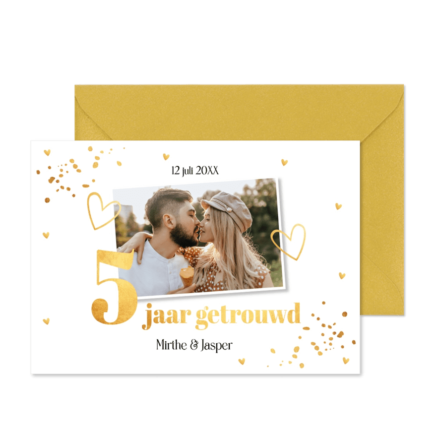 Jubileum uitnodiging 5 jaar getrouwd wit goud | Kaartje2go