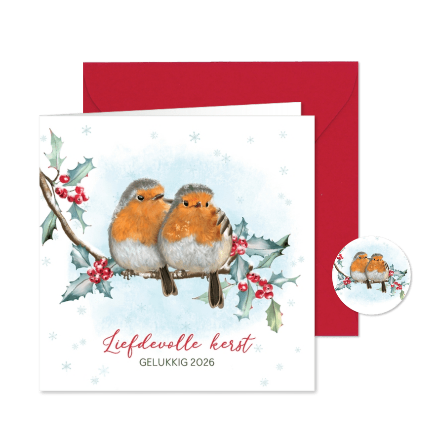 Kerstkaart roodborstjes op hulst rode bessen | Kaartje2go
