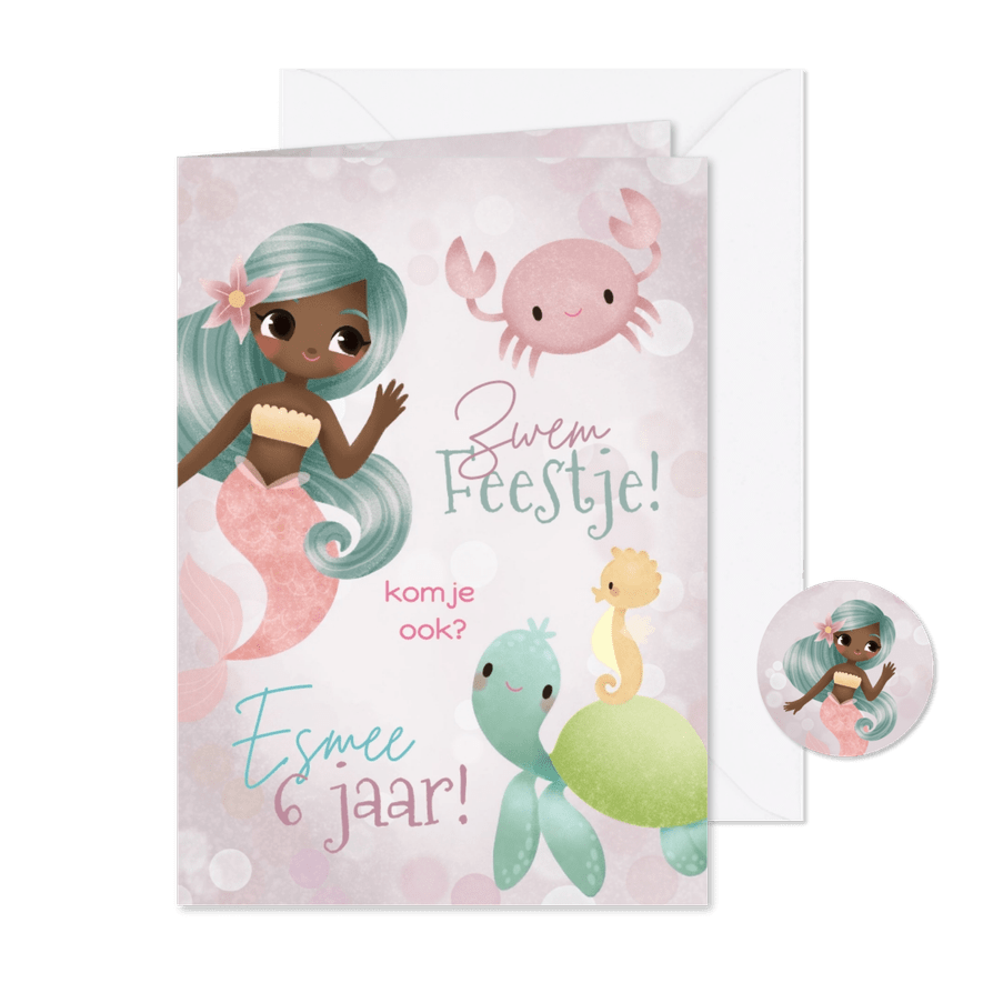 Kinderfeestje uitnodiging zwemfeest zeemeermin | Kaartje2go