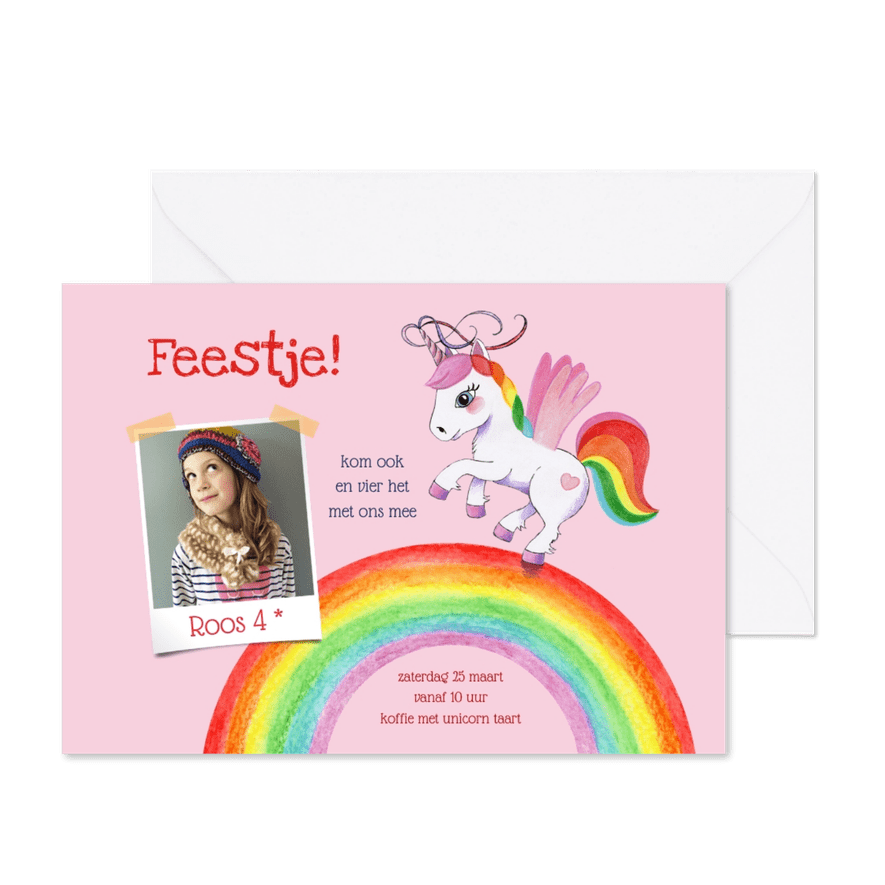 Kinderfeestje unicorn met regenboog | Kaartje2go