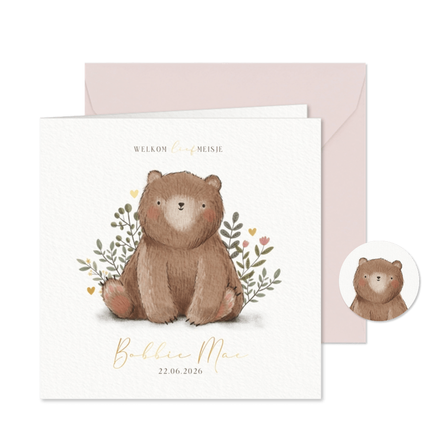 Lief geboortekaartje met beer plantjes en | Kaartje2go