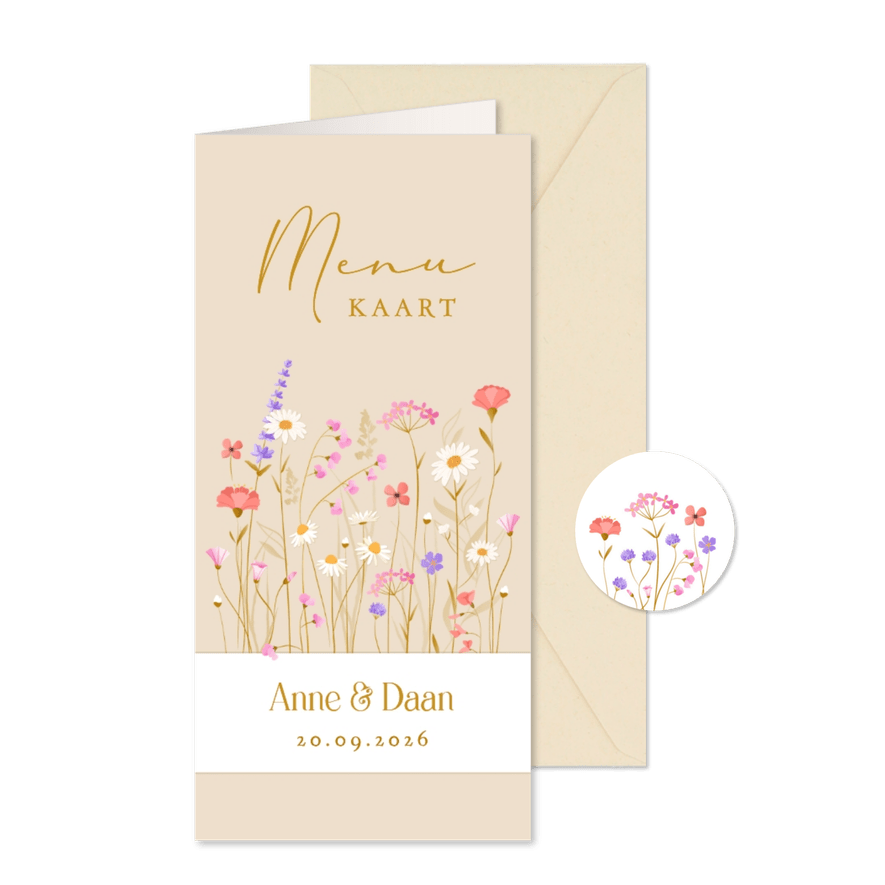 Menukaart met sierlijke wilde bloemen en wikkel | Kaartje2go