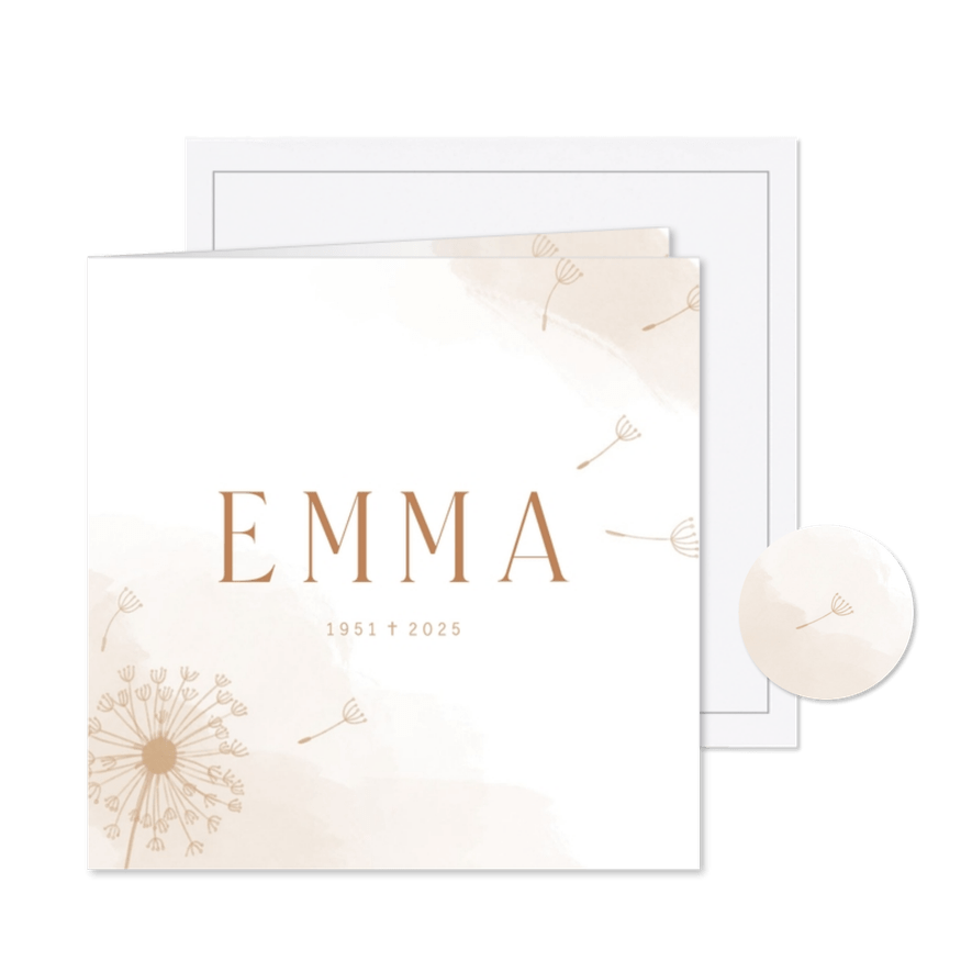 Rouwkaart paardenbloem met beige waterverf | Kaartje2go