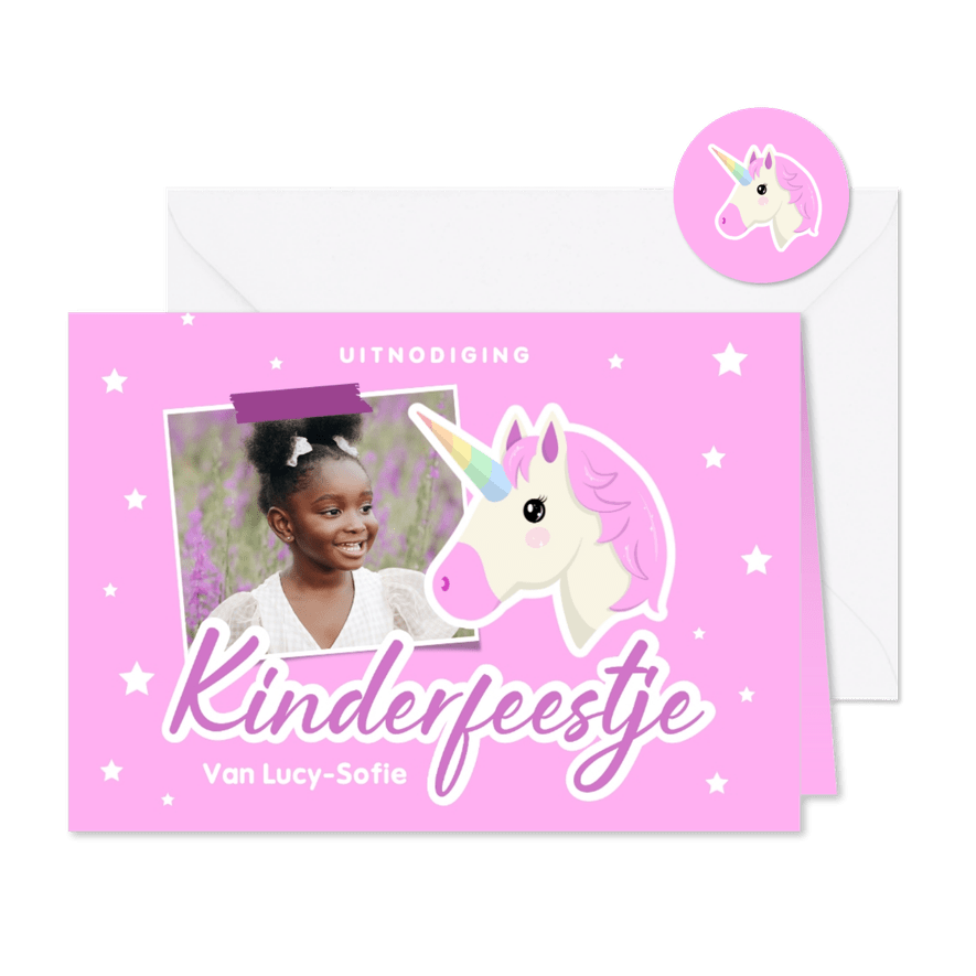 Roze kinderfeestje uitnodiging met foto en | Kaartje2go
