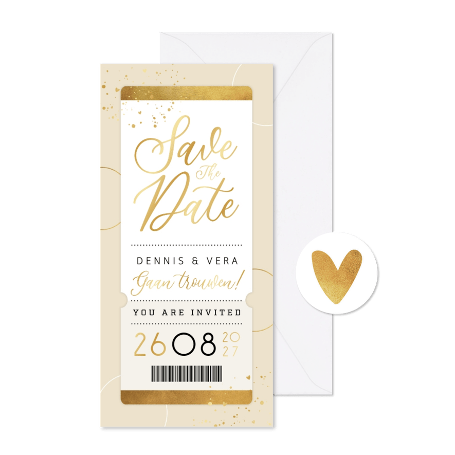 Save the date trouwkaart ticket goud modern | Kaartje2go