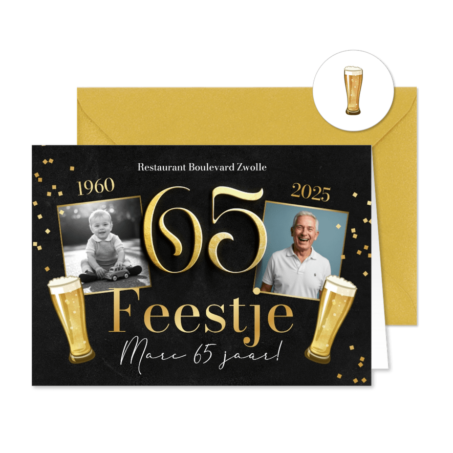 Uitnodiging 65 jaar man krijtbord bier confetti | Kaartje2go