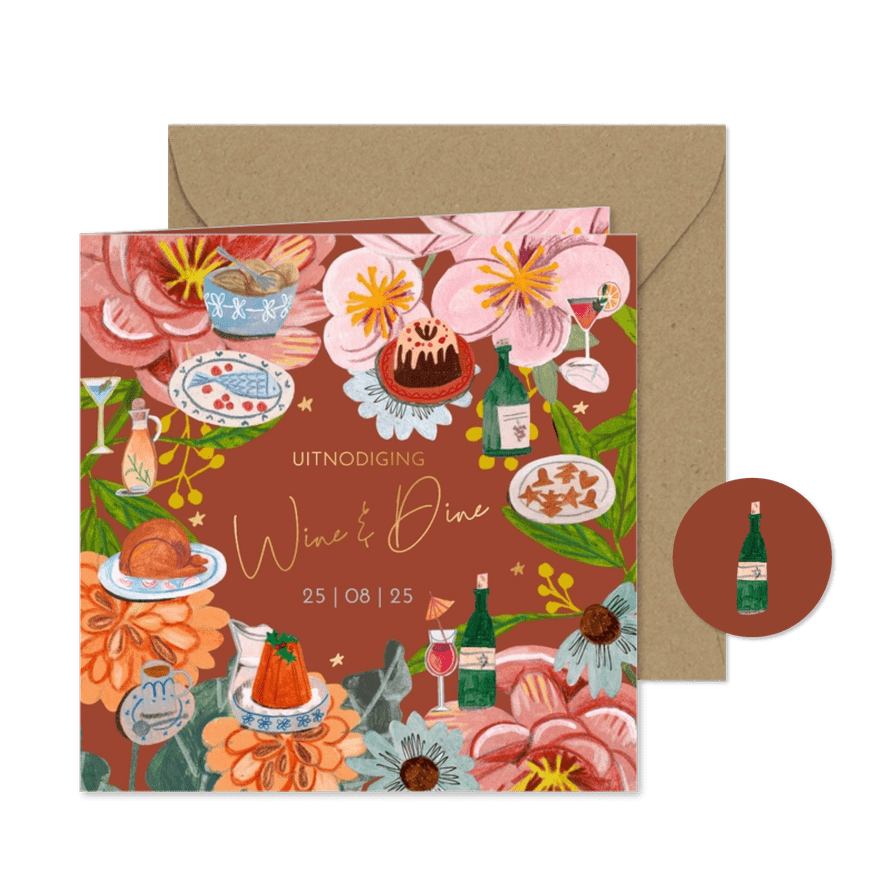 Uitnodiging etentje wine& dine met bloemen | Kaartje2go