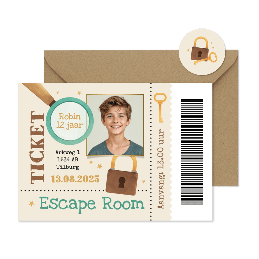 Uitnodiging kinderfeestje escape room ticket | Kaartje2go