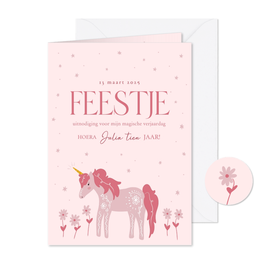 Uitnodiging kinderfeestje roze met eenhoorn en | Kaartje2go