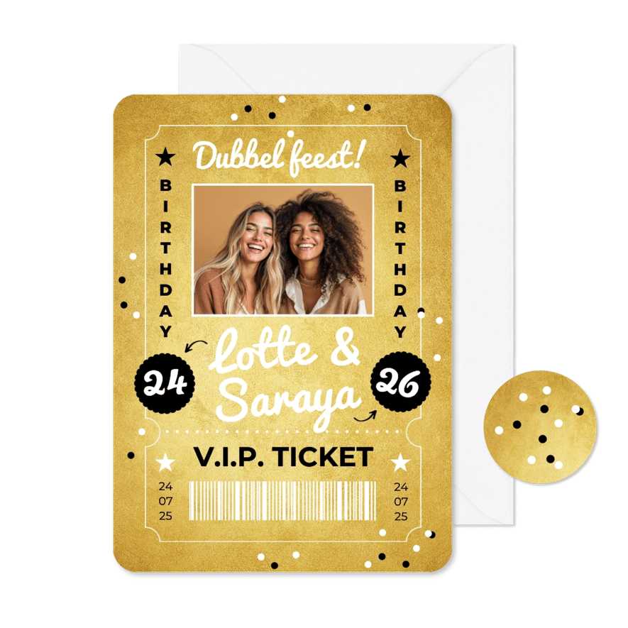 Uitnodiging ticket gold VIP party dubbel feest | Kaartje2go