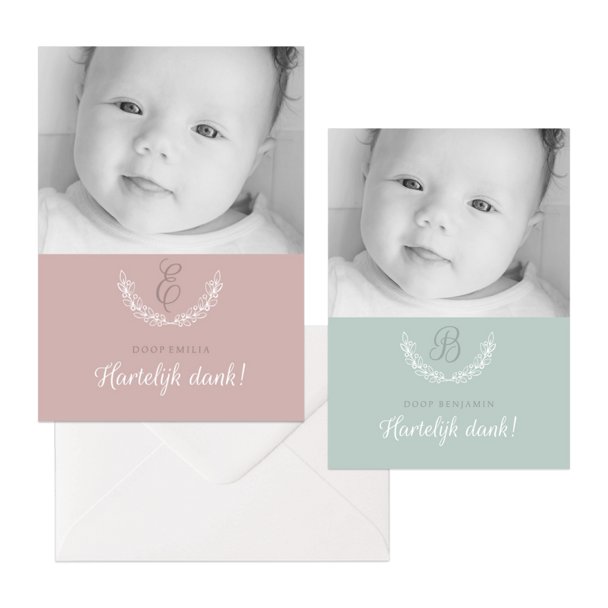 Bedankkaartje doop foto& initaal oudroze | Kaartje2go