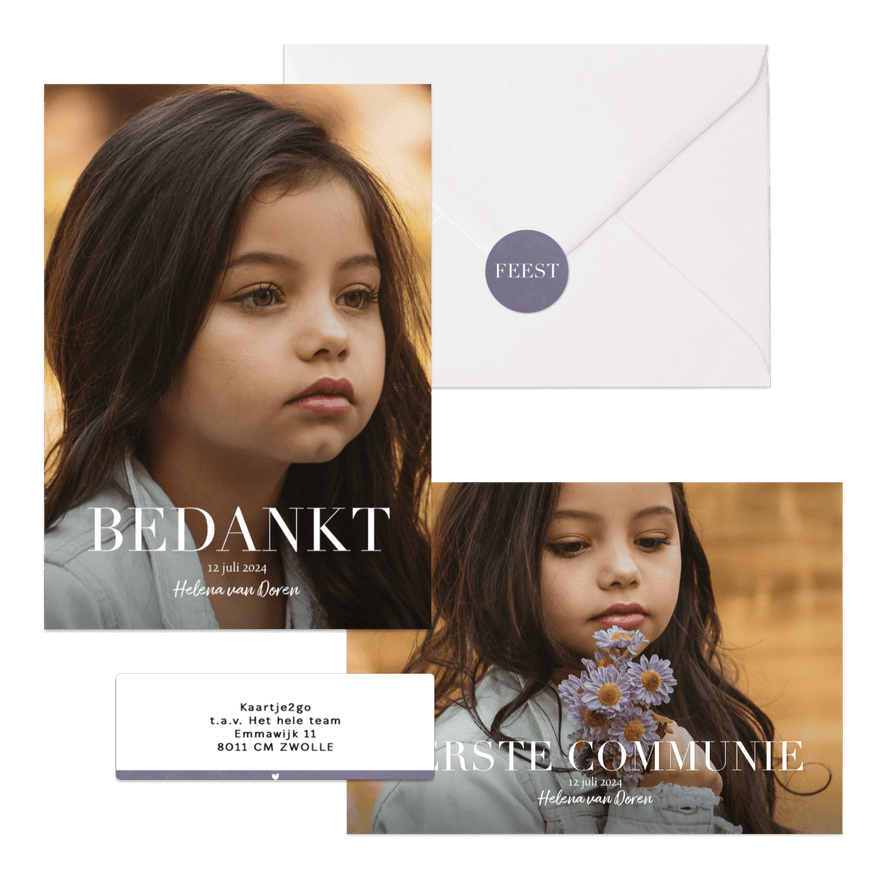 Communie bedankkaart klassieke letters en grote | Kaartje2go