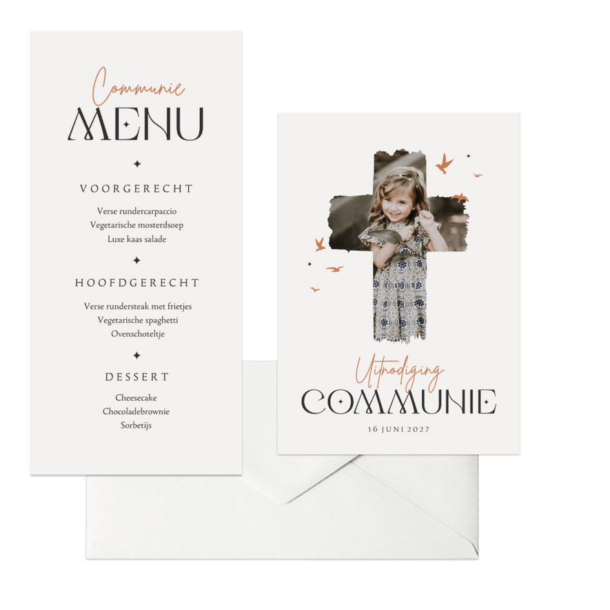 Communiefeest menu vogeltjes kruis koper | Kaartje2go