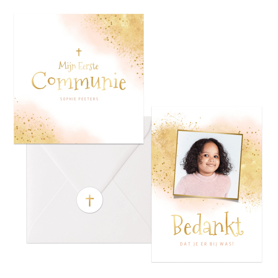 Communiefeest uitnodiging waterverf goud roze | Kaartje2go