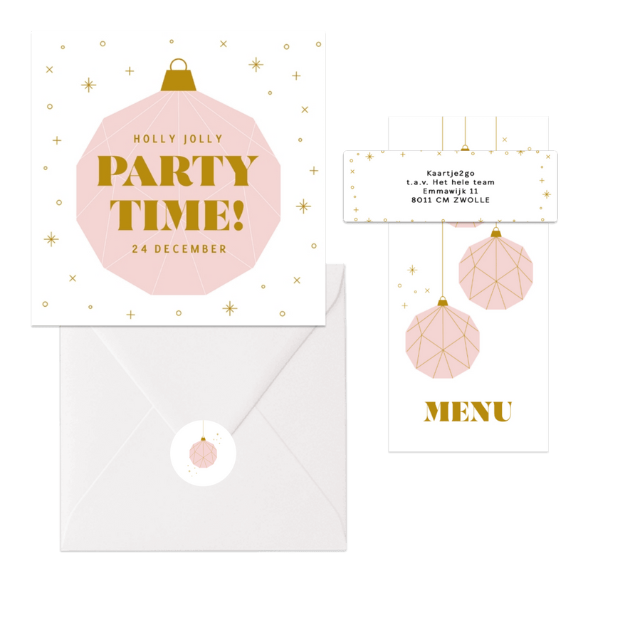 Kerst uitnodiging party time met roze kerstbal | Kaartje2go