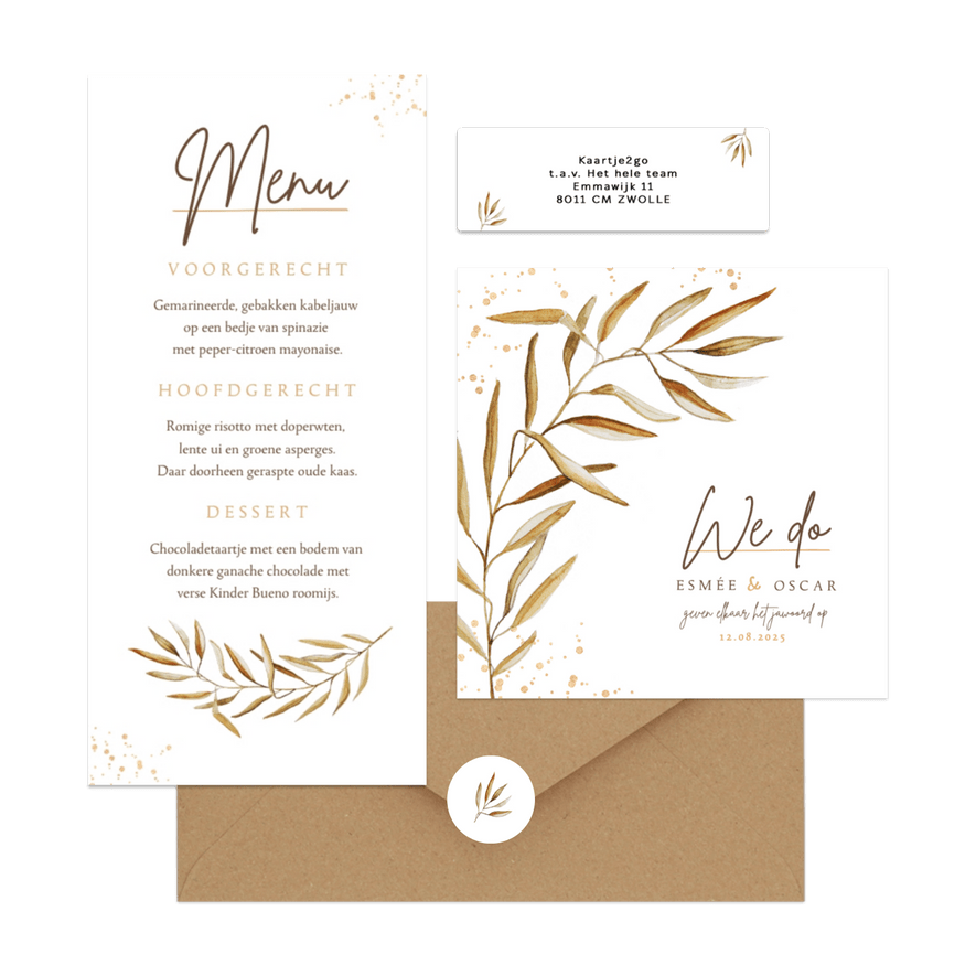 Menukaart trouwdag bohemian gedroogd takje goud | Kaartje2go