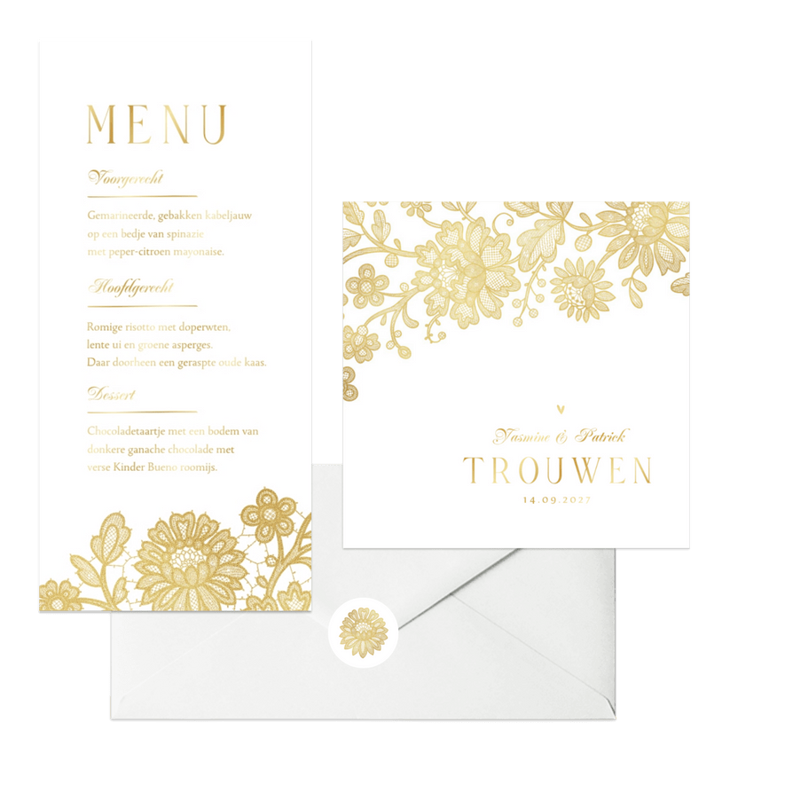 Menukaart trouwen vintage kant goud bloemen | Kaartje2go