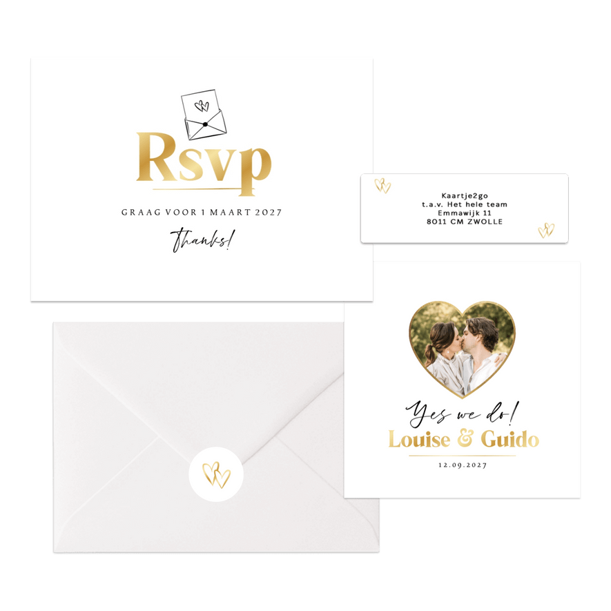Trouwkaart RSVP goud stijlvol hartjes envelop | Kaartje2go