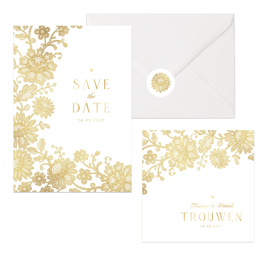 Trouwkaart save the date vintage kant goud | Kaartje2go