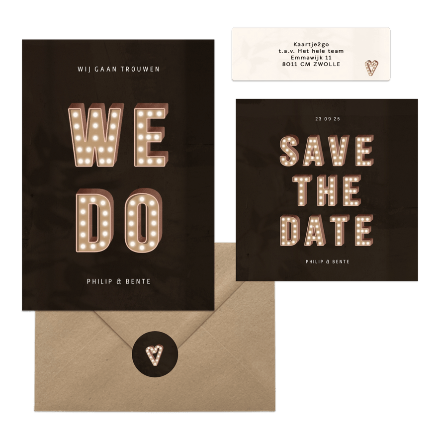 Trouwkaart uitnodiging we do letters met licht | Kaartje2go