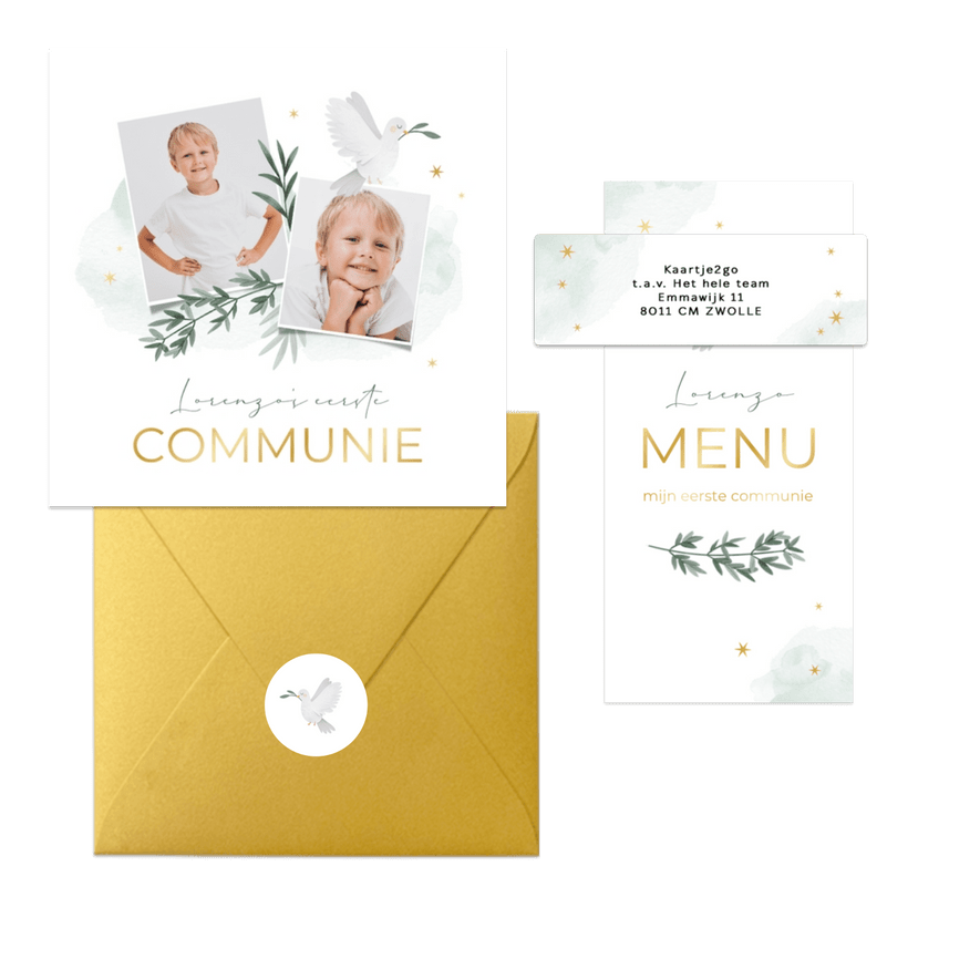 Uitnodiging communiefeest waterverf groen duif | Kaartje2go