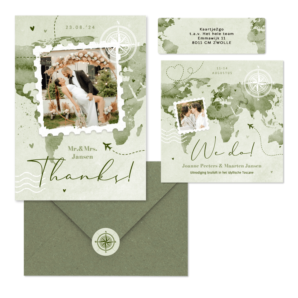 Bedankkaart paspoort wereldkaart liefde groen | Kaartje2go