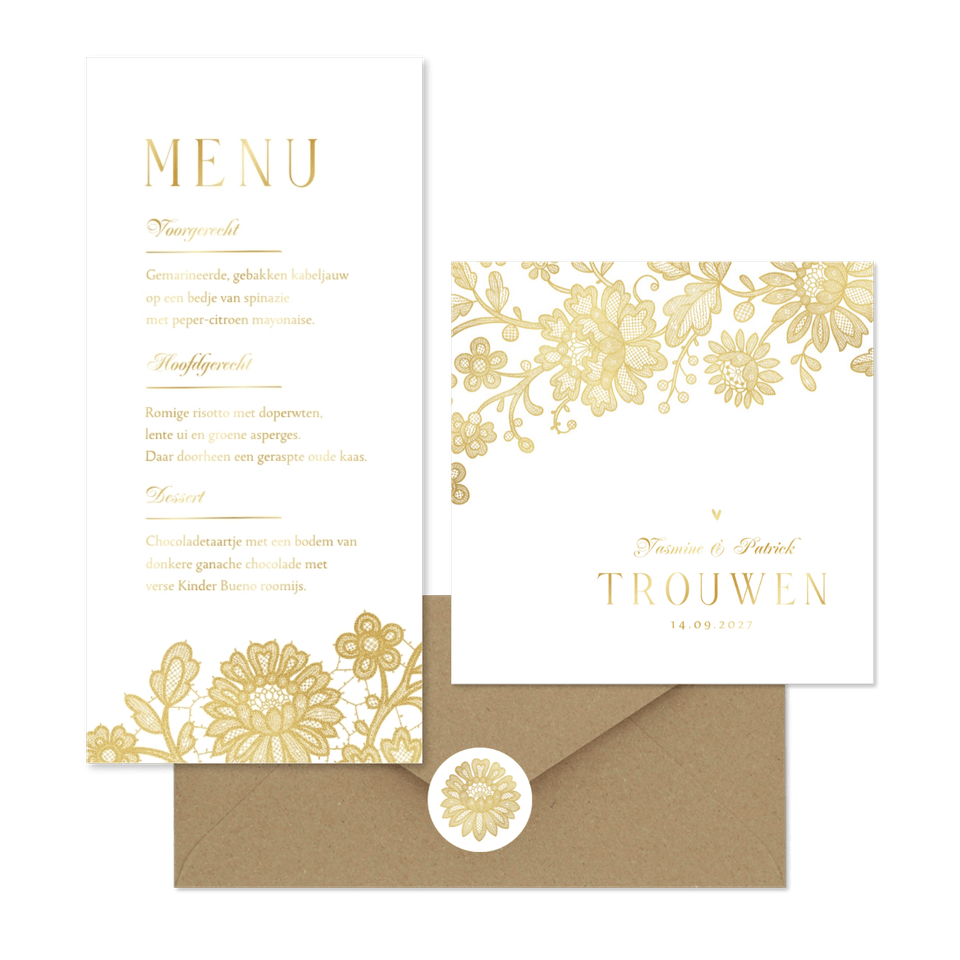 Menukaart trouwen vintage kant goud bloemen | Kaartje2go