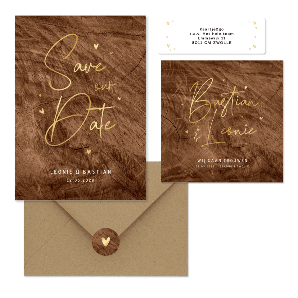 Save the date trouwkaart hout goud stijlvol | Kaartje2go