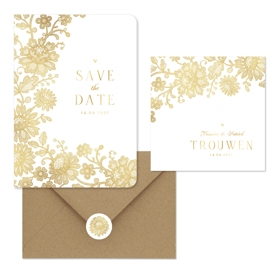 Trouwkaart save the date vintage kant goud | Kaartje2go