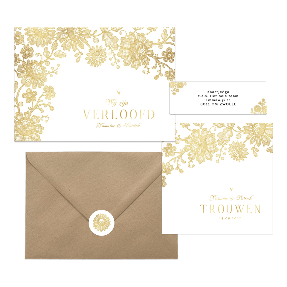 Trouwkaart verloofd vintage kant goud bloemen | Kaartje2go