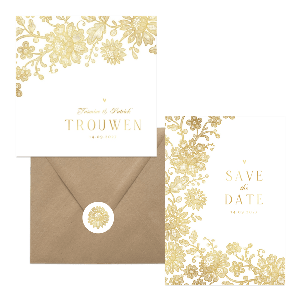 Trouwkaart vintage kant goud bloemen hartjes | Kaartje2go