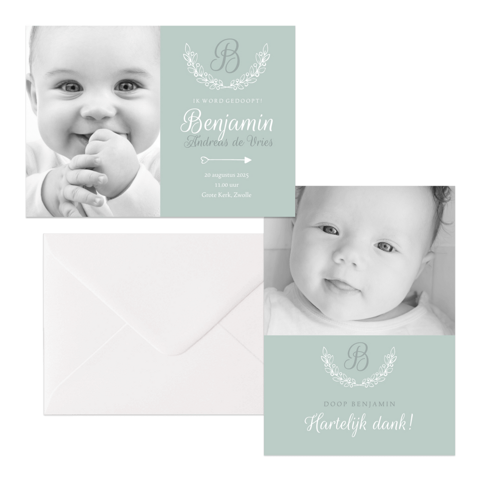 Uitnodiging doop foto& initaal groen | Kaartje2go