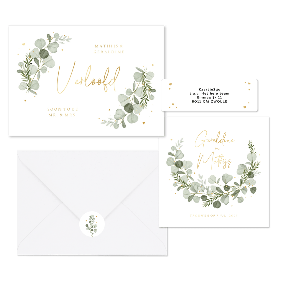 Verlovingskaart eucalyptus goud hartjes | Kaartje2go